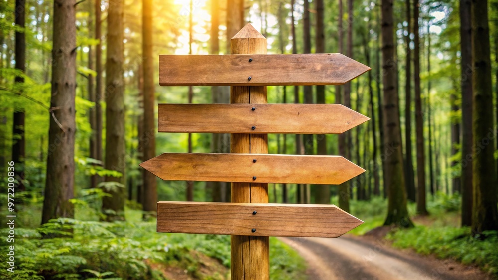 Blank wooden signpost with arrows in forest path for guidance and ...
