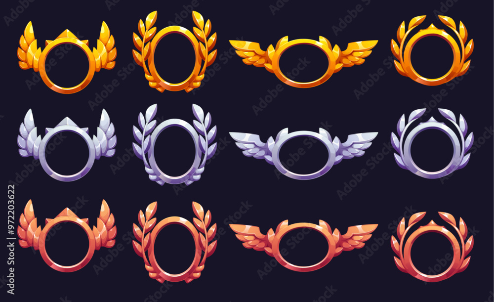 Game rank frame, heraldic avatar badge. Vector bronze, silver and gold ...