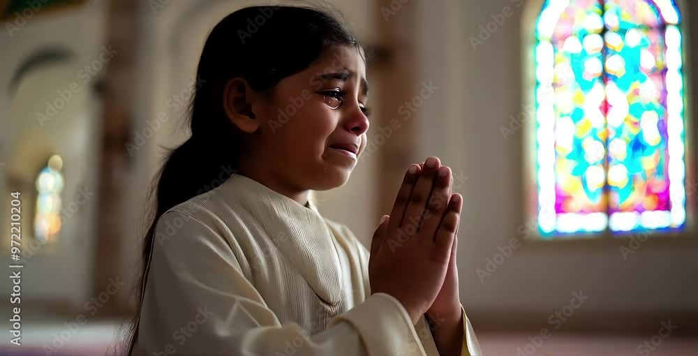 A closeup of a young girl in traditional Middle Eastern attire, crying ...