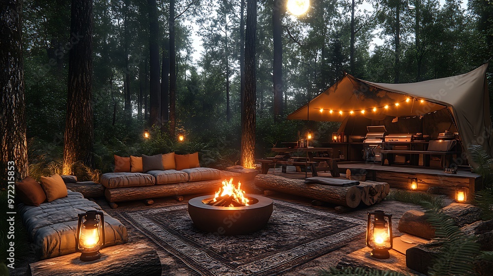 A campsite BBQ area with a fire pit, log seating, and camping lanterns ...