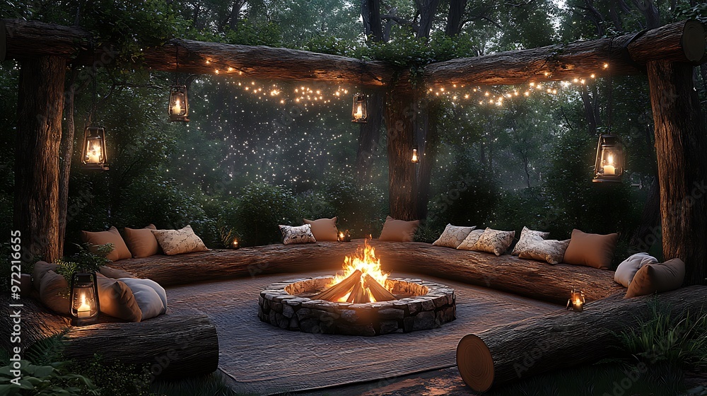 A campsite-themed BBQ area with log seating, a central fire ring for ...