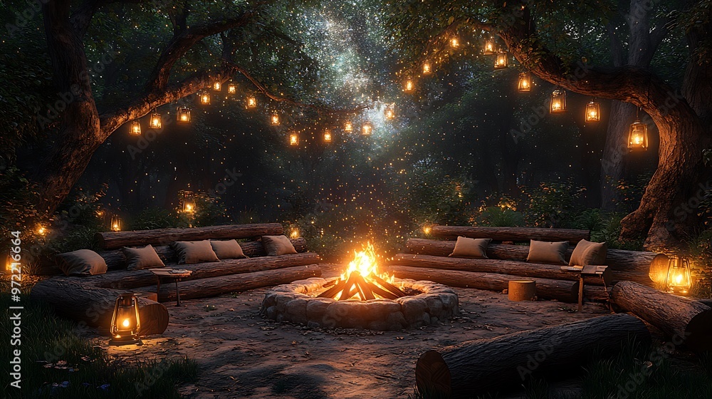 A campsite-themed BBQ area with log seating, a central fire ring for ...