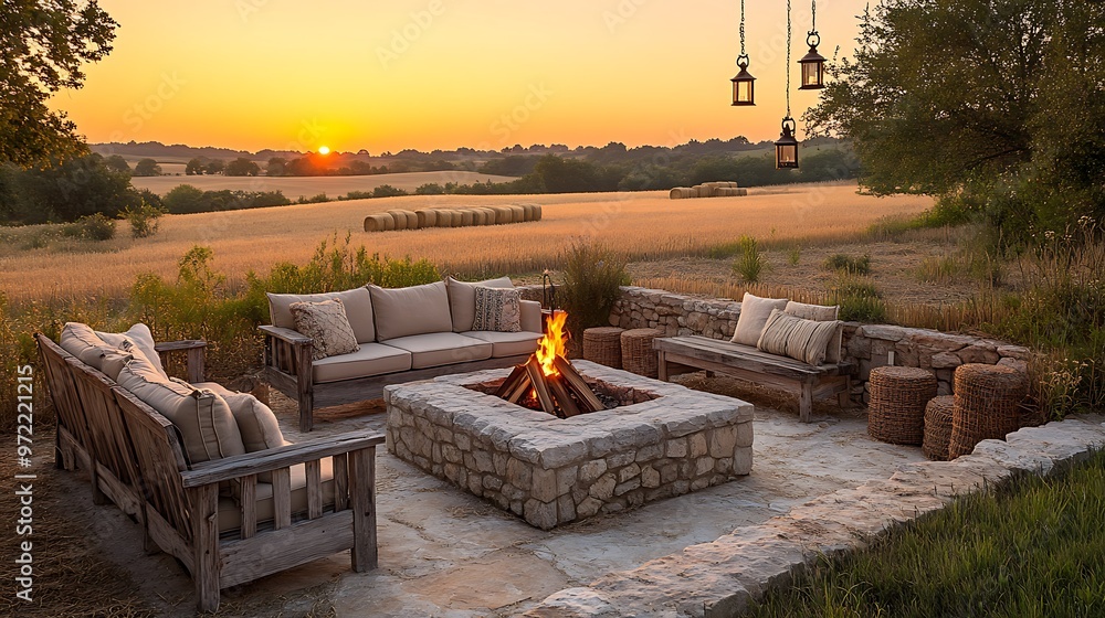 A farmhouse BBQ area featuring reclaimed wood furniture, a stone fire ...