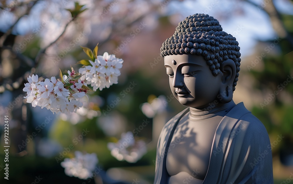 Buddha statue with sakura, Cherry blossoms, concept of Buddhism ...