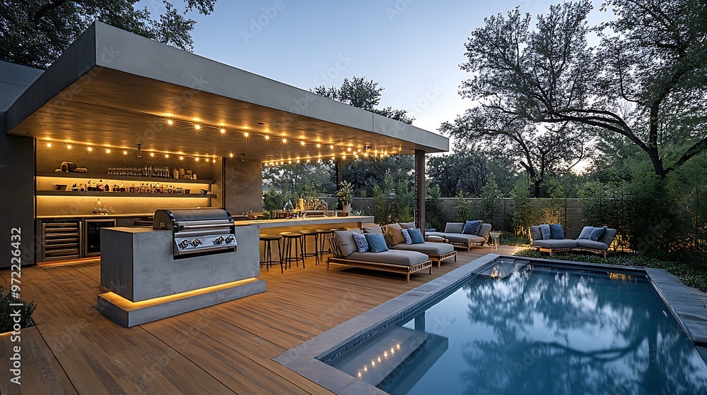 A modern poolside BBQ area with a concrete grill station, wooden deck ...