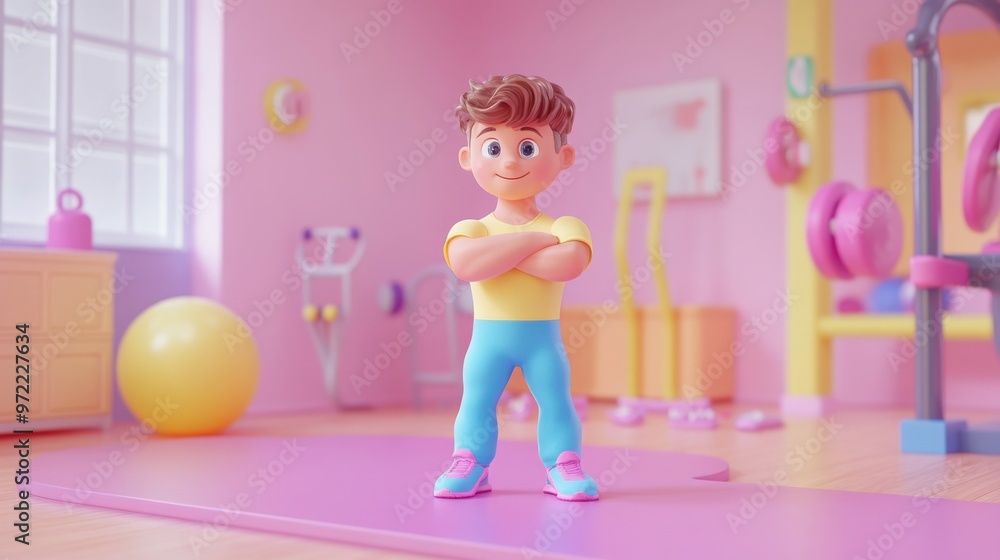 Cheerful 3D cartoon fitness trainer with muscular build standing in a ...