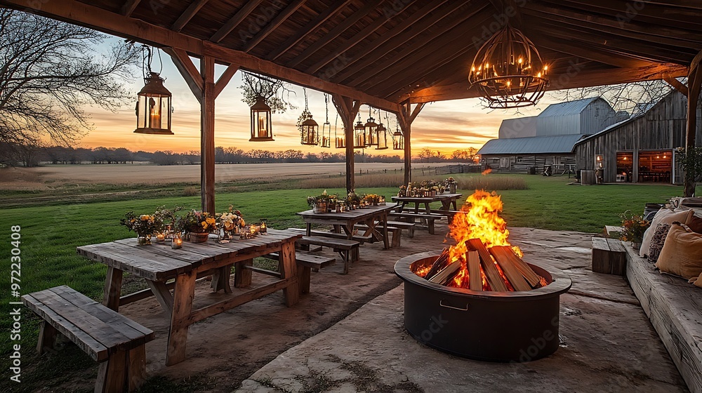 A rustic BBQ setup in a farmhouse barnyard, with reclaimed wood tables ...