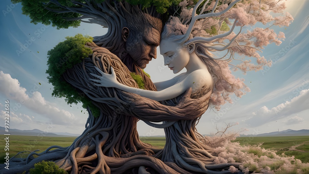 A stunning depiction of a tree-man and tree-woman in a loving embrace ...