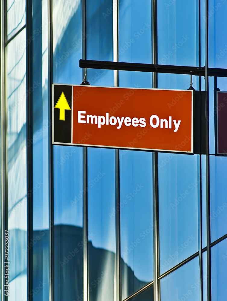 A red "Employees Only" sign with a yellow upward arrow is mounted ...
