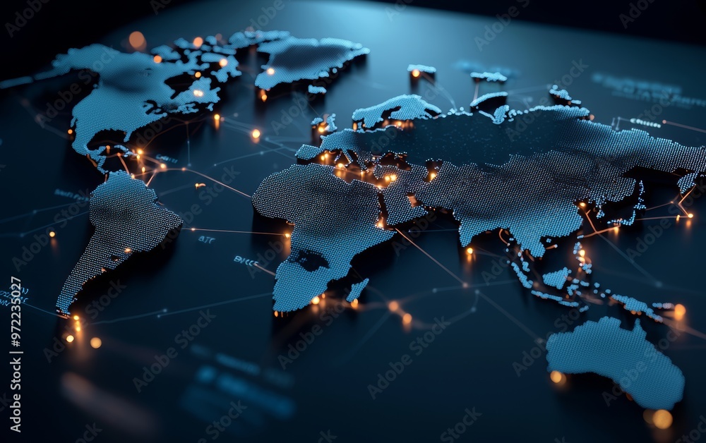 A futuristic digital network map connecting multinational corporations ...