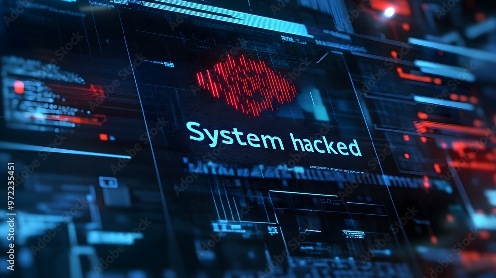 "System hacked" alert after cyber attack on computer network. compromised information concept ...