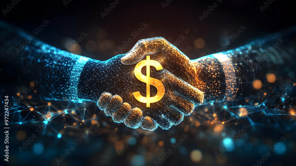 Digital Handshake with a Dollar Sign in the Center, a 3D Abstract ...