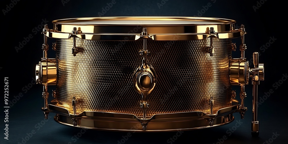 Shiny metallic gold snare drum with intricate lugs and tight metal mesh ...