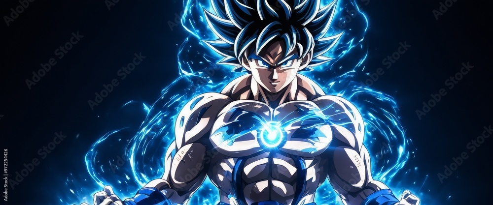 ภาพประกอบสต็อก Dynamic anime character with a muscular build, glowing ...