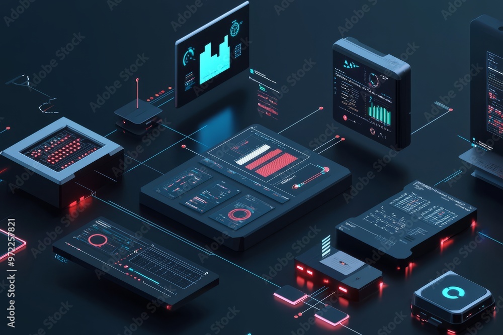 A cross-platform integration setup with various tech devices and ...