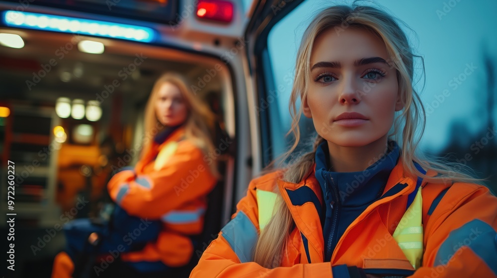 Female Paramedic in Front of Ambulance During Night Shift. Female ...