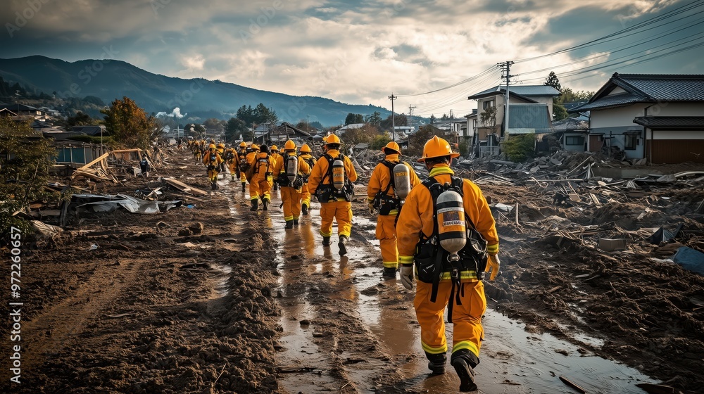 Rescue Crew Marching Through Devastated Town. Long line of rescue ...