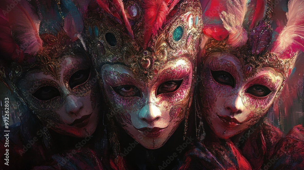 Three masked figures adorned with elaborate costumes and feathers ...