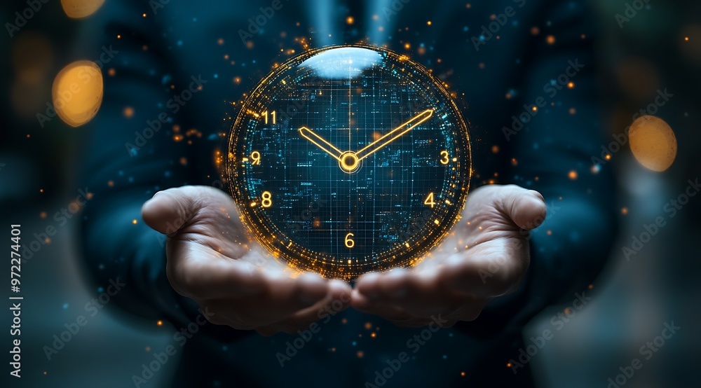 businessman holding a digital clock, holographic productivity tools ...