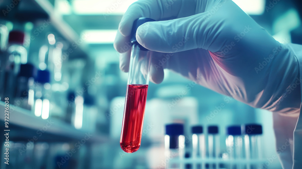 In a dynamic medical lab, a doctor's gloved hand expertly holds a test ...
