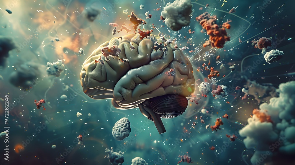 A conceptual image showing a human brain fragmenting into countless ...