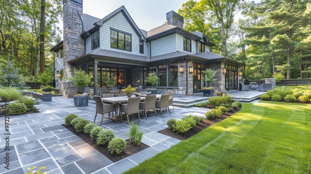 Elegant Front Patio with Outdoor Dining Area, Grey Marble Pavers ...