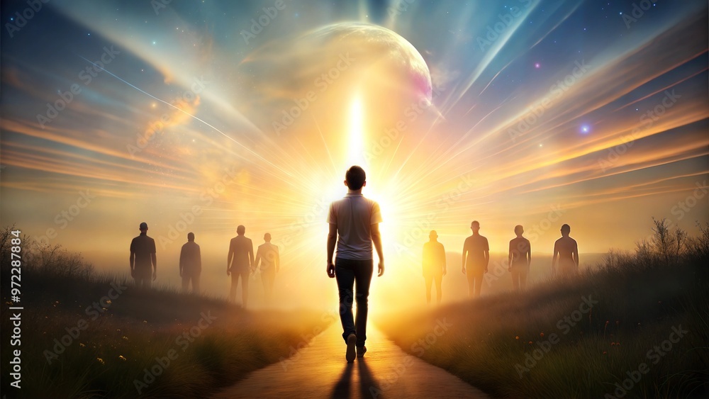 afterlife scene serene figure soul glowing light silhouettes radiant ...