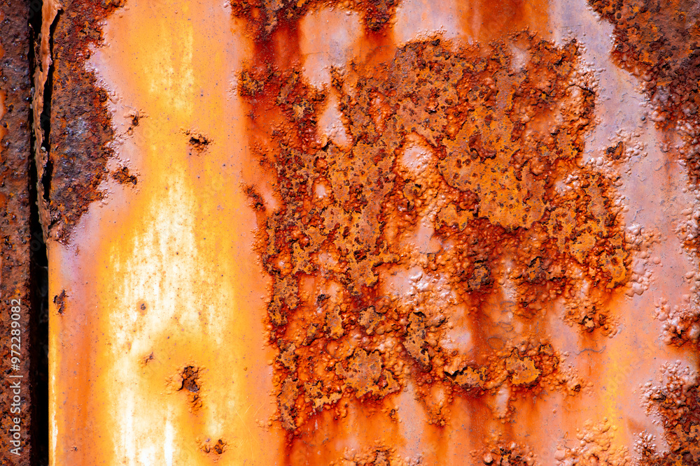 Peeled off paint on a rusty surface at a lost place ruined factory ...
