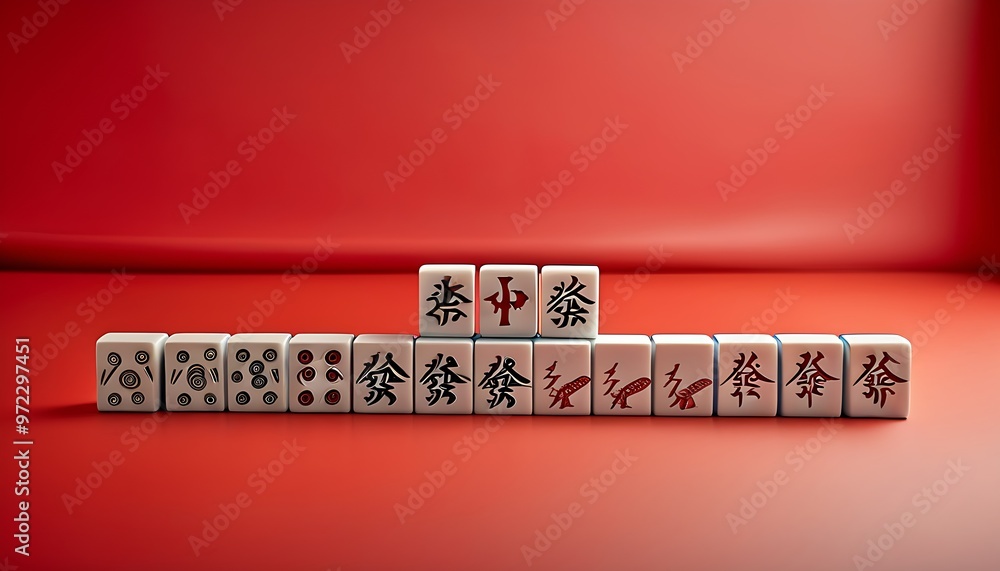 Mahjong tiles and red mahjong bars on a red background demonstrate the ...