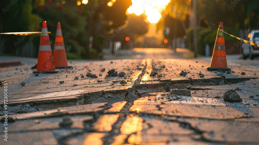 Road divided by seismic fault line marked with caution tape and cones ...
