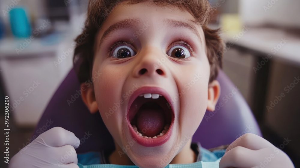 Excited Caucasian boy in a dental chair, smiling widely with a missing ...