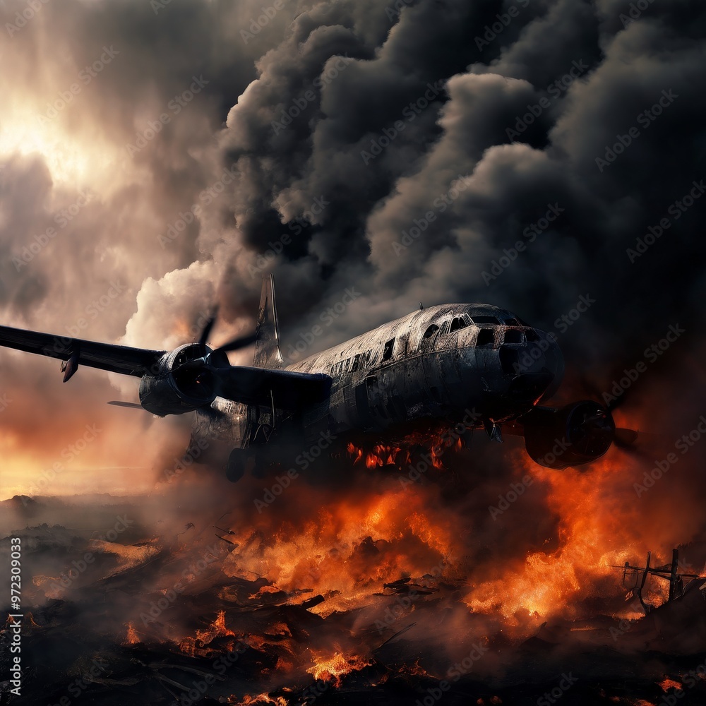 A gripping image of an airplane crash engulfed in flames and thick ...
