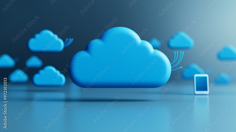 Blue cloud storage icons floating in a digital landscape glowing as ...