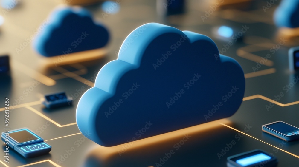 Blue cloud storage icons floating in a digital landscape glowing as ...