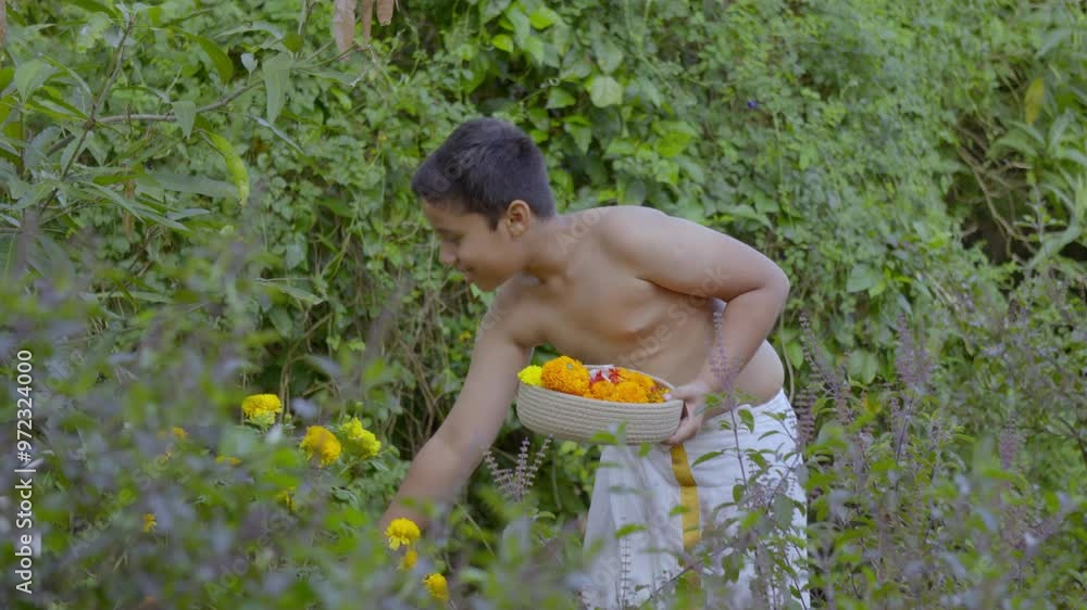 flower plucking boys for pookalam during Onam festival in Kerala, India ...