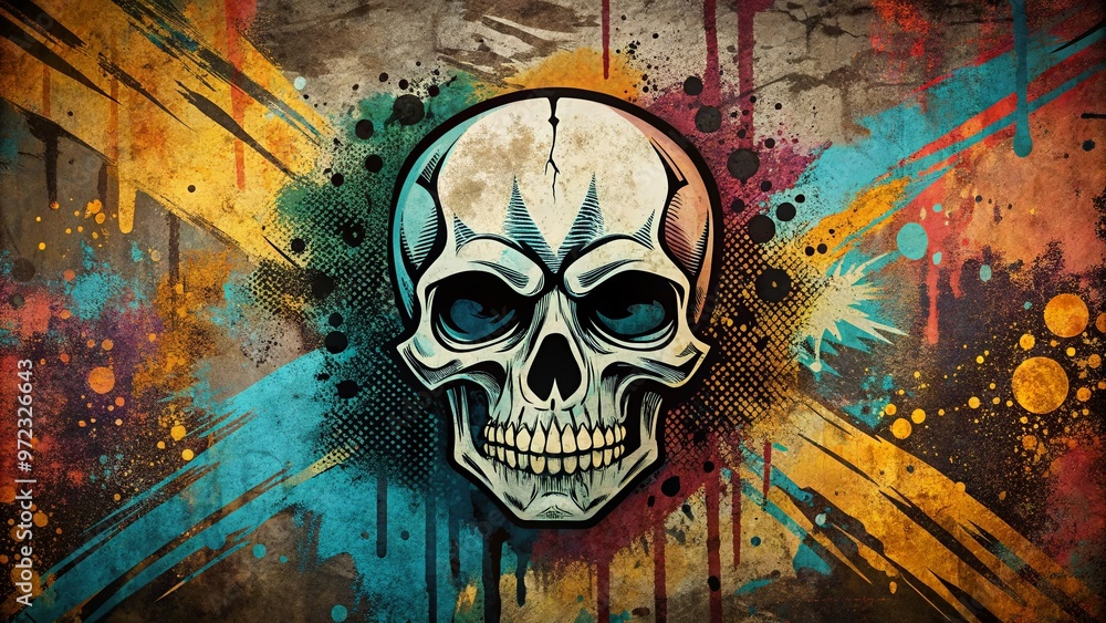 A bold, graffiti-style skull dominates the center of a worn, vintage ...