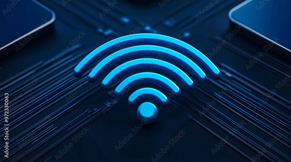 Blue wireless communication signals emanating from a central point ...