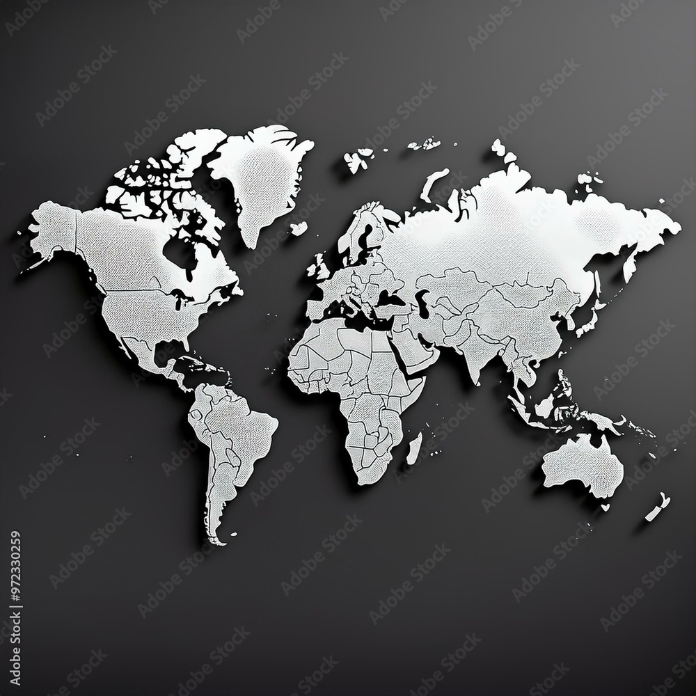 Customizable and precise grayscale world map silhouette, providing a ...