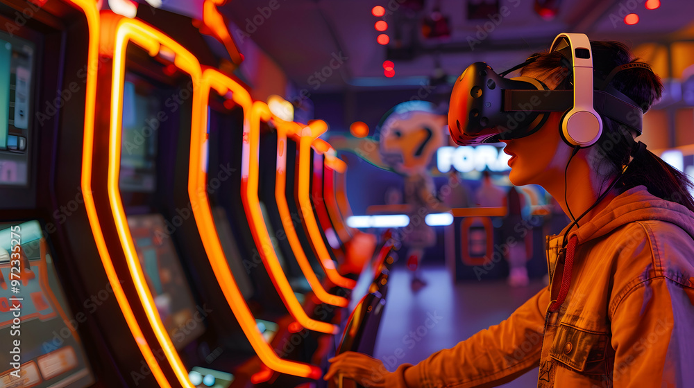 Orange Virtual Reality Arcade: Showing an arcade where people can ...
