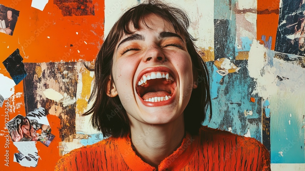 Composite collage image of sad female bullying smiling laugh trolling ...