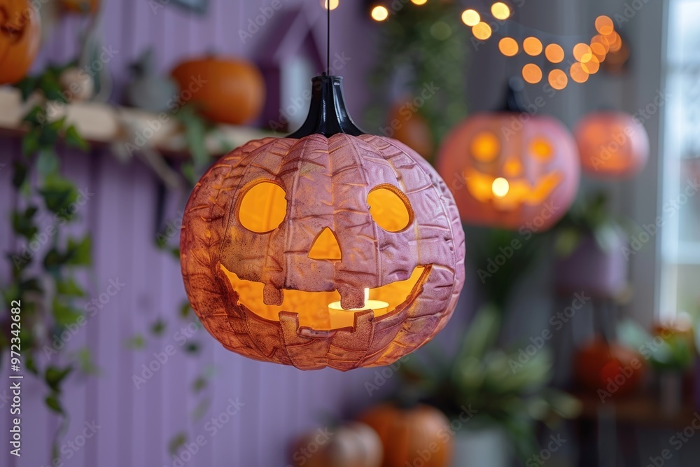 Spooky halloween scene featuring hanging jack o lanterns and carved ...
