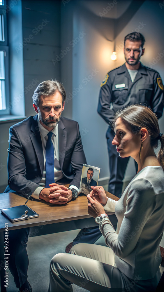 Lawyer enters room and sits down next to client. Police officers ...