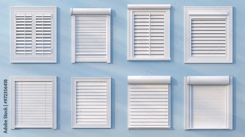 80. 3D vector set of white louver shutters on a window, illustrating ...