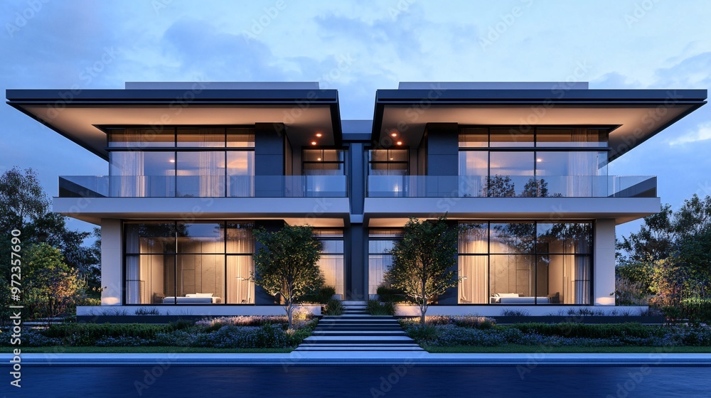 93. Modern duplex house in a 3D rendering, with a symmetrical facade ...