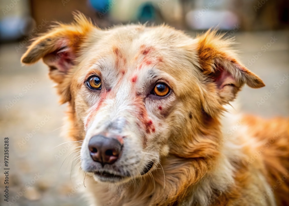 A distressed canine displays severe skin infection symptoms, including ...