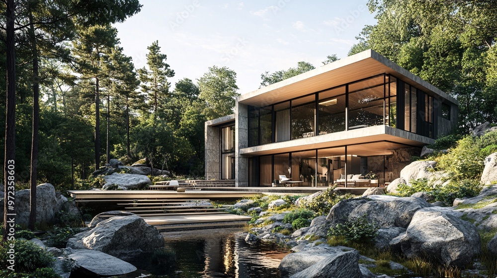 110. Modern architectural rendering of a home within a natural landscape, featuring large open ...