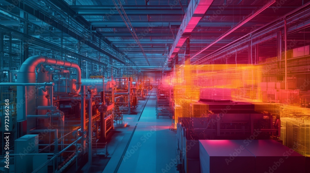 Heatmap of a factory floor, with warm colors highlighting areas of high ...