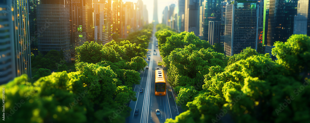 Scenic city view with greenery lining the streets, showcasing urban ...