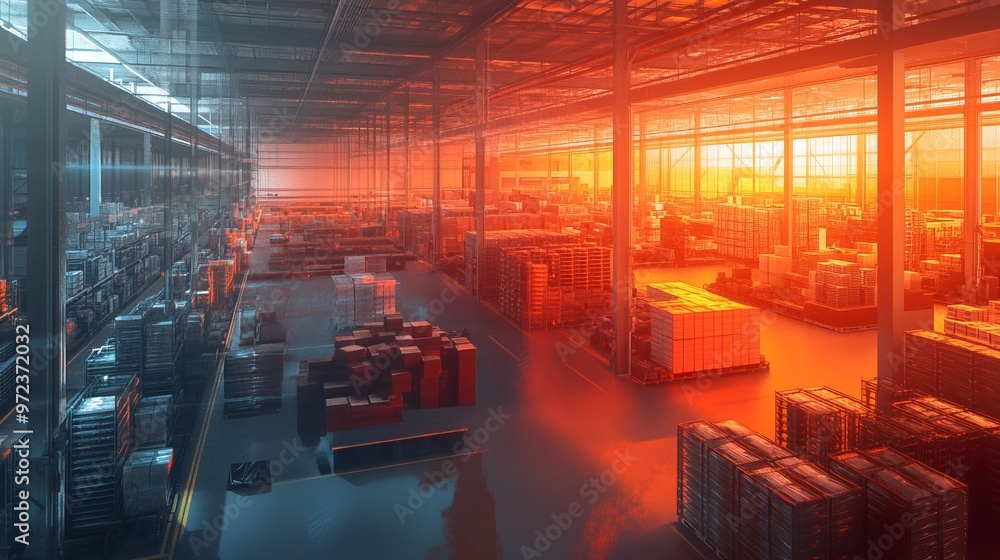 Heatmap of a large warehouse, with warm colors marking areas of high ...