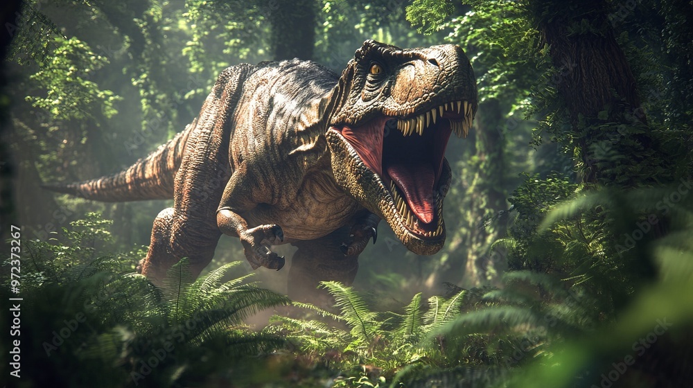 This image depicts a hyper-realistic Tyrannosaurus Rex roaring ...